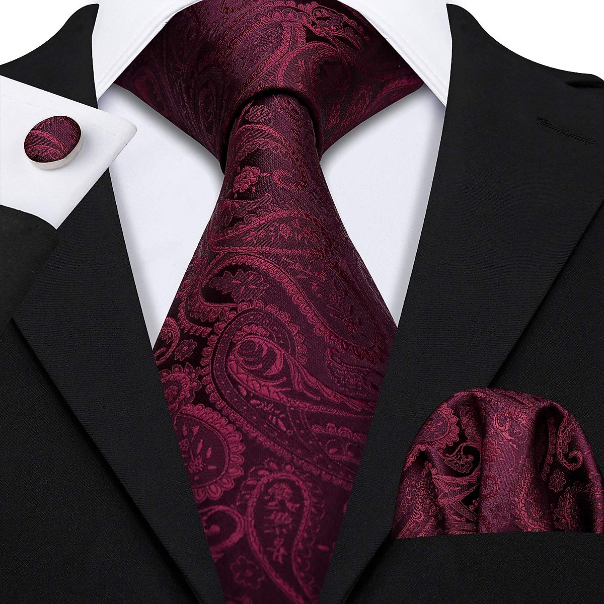 YOHOWA Men Tie Set Paisley Burgundy Silk Necktie Handkerchief Cufflinks Formal Business Wedding Party
