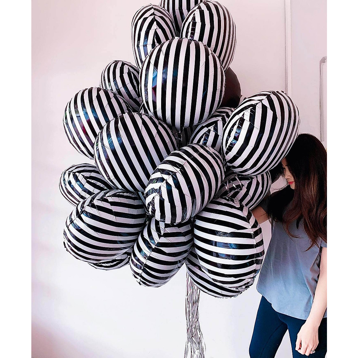 12 Pack 18 Inch Striped Balloons Helium Foil Mylar Black and White Striped Balloons for Black&White Themed Birthday Baby Shower Ceremonies Holiday Parties Decorations Supplies