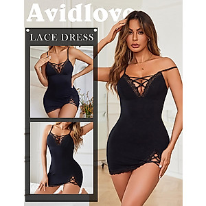 Avidlove Lingerie for Women Sexy Nightgown Full Slip Lace Chemise Sleep Babydoll Lingerie Dress(Black XS)