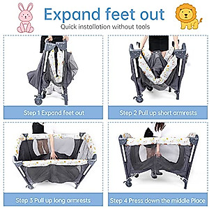 BLOROOM 6-in-1 Pack and Play, Baby Bedside Sleeper with Bassinet, Multifunction Bedside Crib Newborn to Toddlers, Diaper Changer, Playard, Safety Strap, Music Box & Hanging Toys,Mosquito net (Gray)