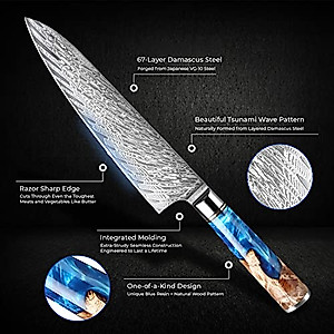 SENKEN 7-Piece Damascus Kitchen Knife Set - Tsunami Collection - 67-Layer Japanese VG10 Steel - Chef's Knife, Cleaver Knife, Bread Knife, Santoku Knife, Boning Knife, & More, Luxury Gift Box
