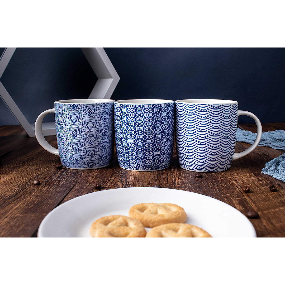 MACHUMA Set of 6 11.5 oz Coffee Mugs with Blue and White Geometric Patterns, Ceramic Tea Cup Set