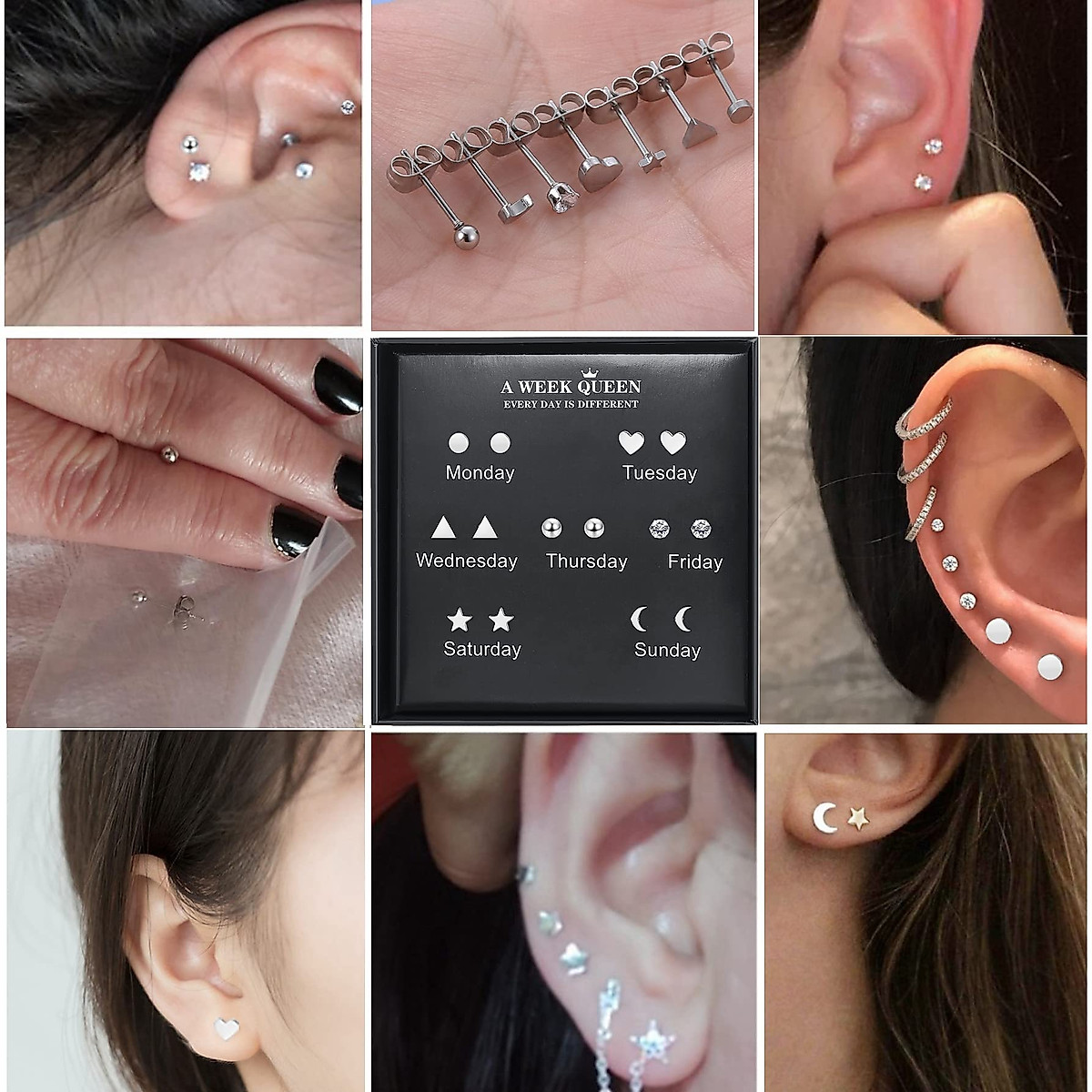 Sllaiss 7 Pairs Tiny Geometric Stud Earrings Set Stainless Steel CZ Ball Heart Star Cartilage Earrings Studs for Women Helix Ear Piercing Set With Gift Box