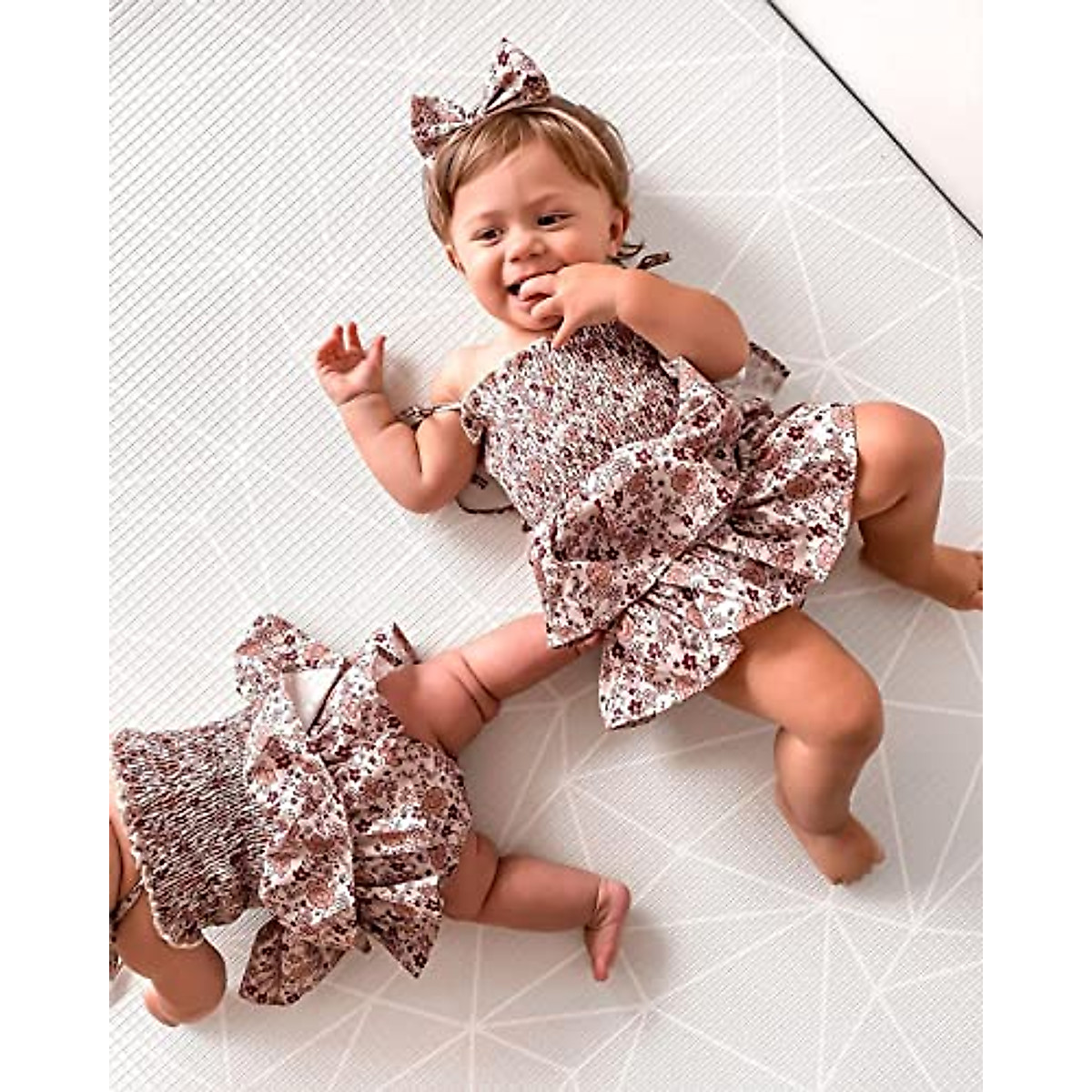 Baby Girl Sisters Matching Outfits Romper Dress Sleeveless Floral Multi-Layer Dress with Headband (Dress, 18-24 Months)