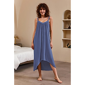 Ekouaer Women's Sleeveless Long Nightgown Full Slip Nightdress Soft Sleepdress V Neck Nightshirt Blue Large