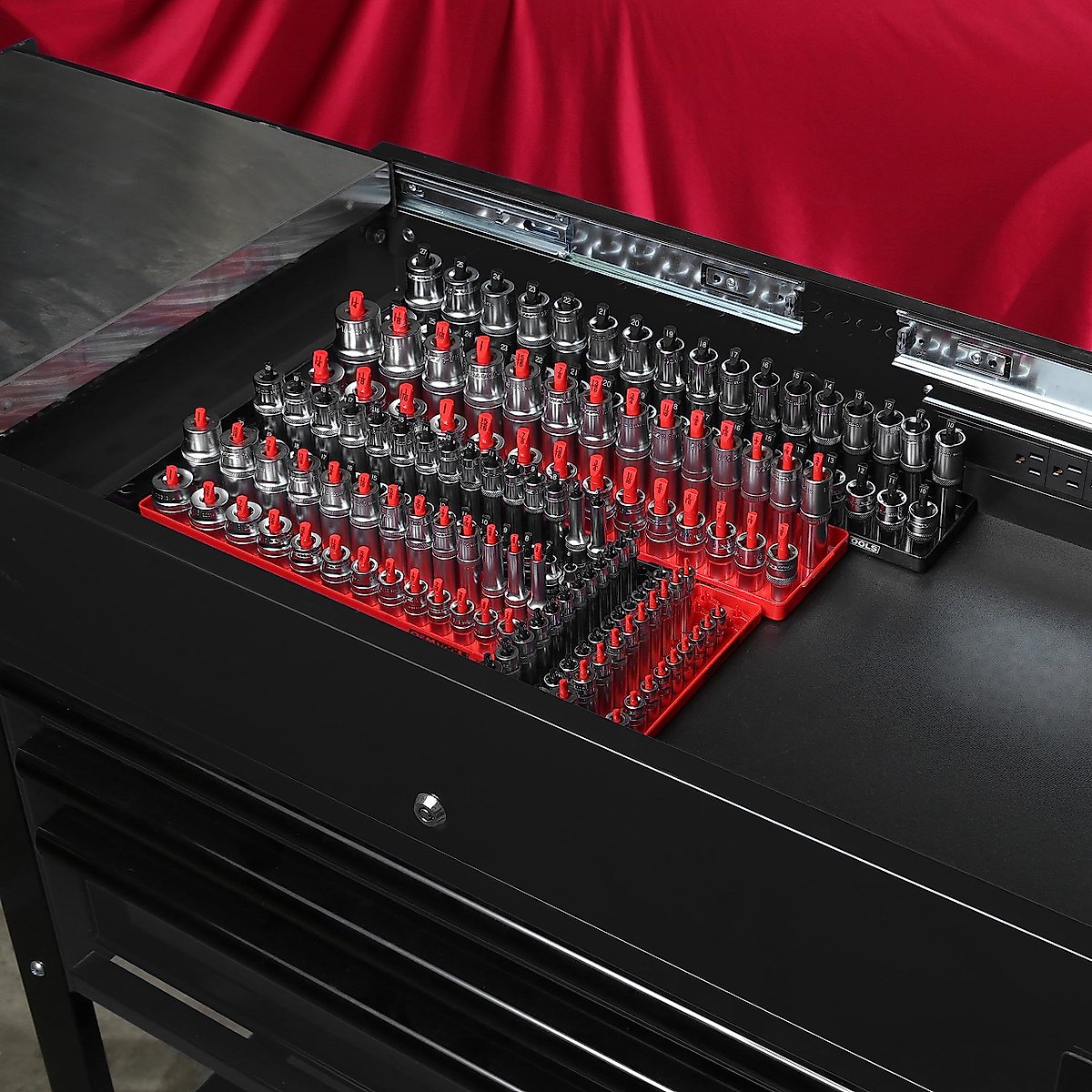 OEMTOOLS 22234 6 Piece SAE and Metric Socket Tray Set, SAE and Metric Socket Storage for Sizes 1/4", 3/8”, and 1/2" Drive, Socket Holders and Socket Organizer Tray for Toolbox, Red and Black