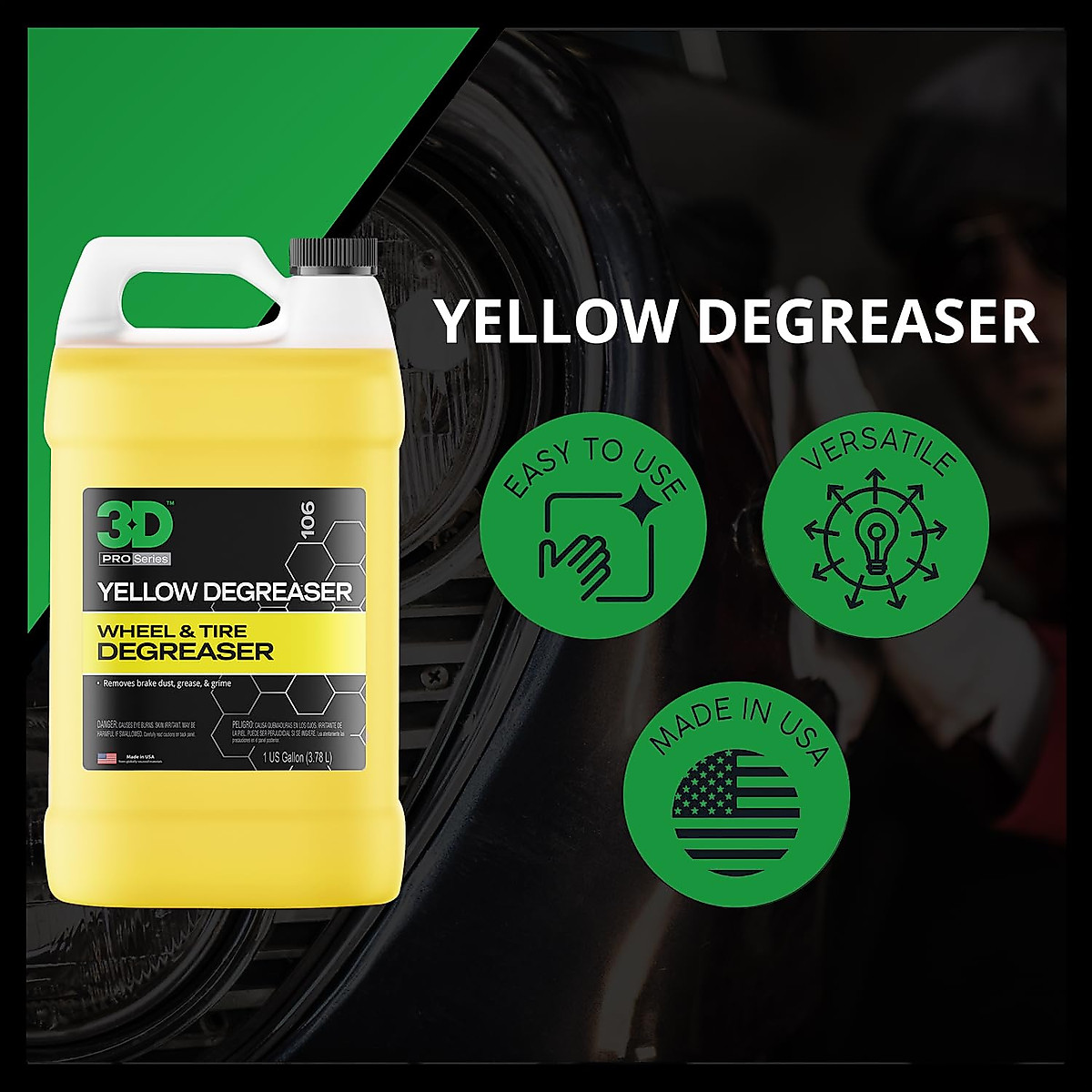 3D Yellow Degreaser Wheel & Tire Cleaner - Safely Removes Brake Dust & Dirt from Wheels & Tires - All-In-One Car Wash Detailing Spray Refill 1 Gallon