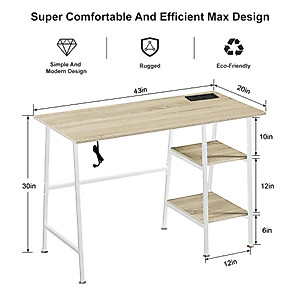 VECELO Computer Desk with USB Charging Port &Power Outlet, Teen Study Table with Storage Shelves for Home Office, 43 Inch Work Desk Charging Station, Oak