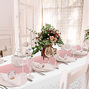 8Pack Disposable Plastic Tablecloths and Satin Table Runner Set White and Rose Gold Dot Tablecloth Rose Gold Satin Table Runner for Wedding Birthday Anniversary Christmas New Year Party Decorations