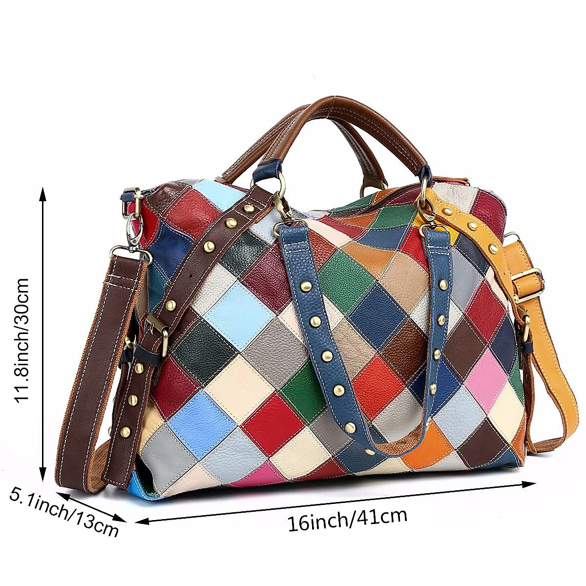 RainboSee Women Random Multicolor Handbag Genuine Leather Cube Splicing Shoulder Satchels