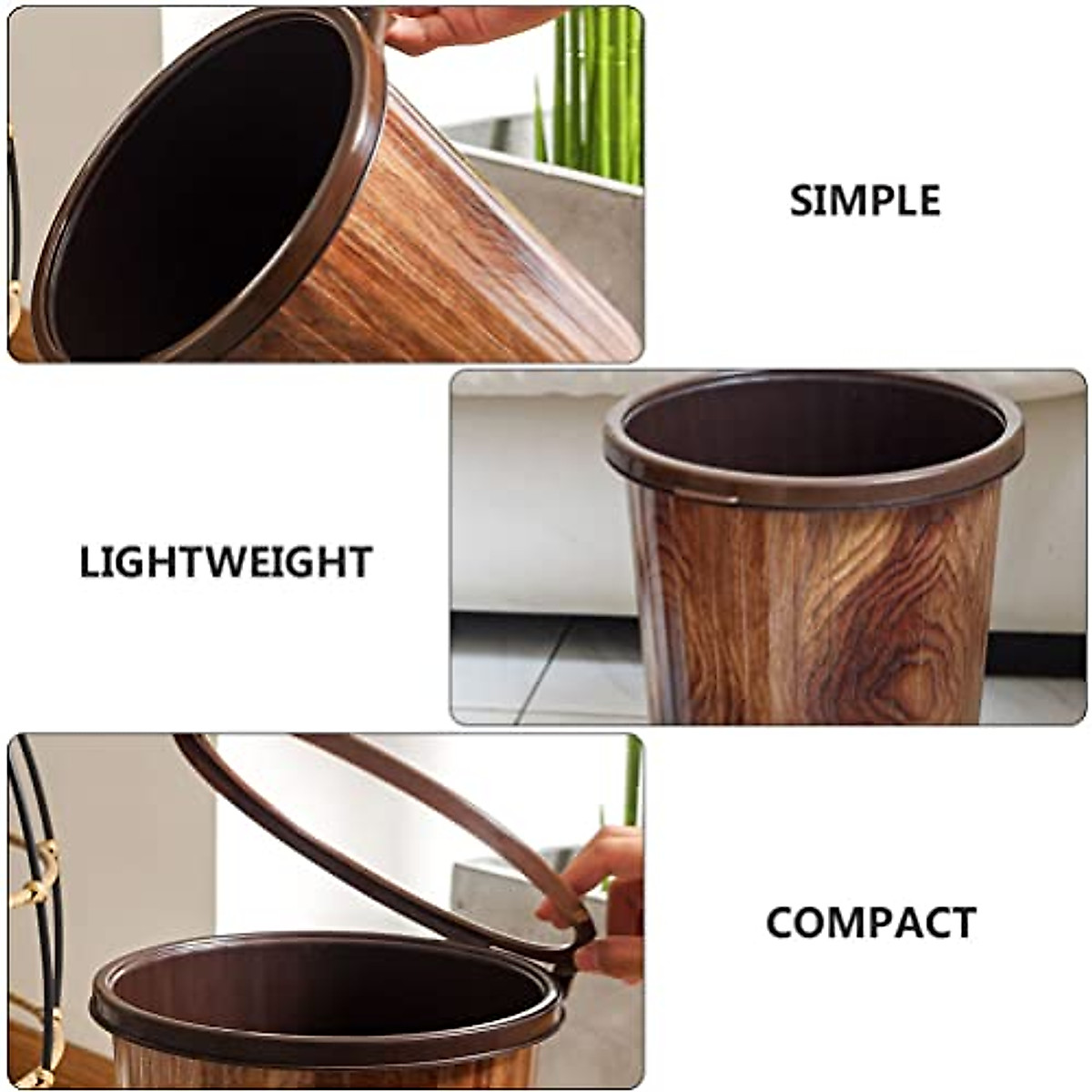 Angoily Trash Can with Pressing Ring 10L Imitation Wood Grain Waste Basket Garbage Can Rubbish Bin Flower Pot Toys Bucket for Home Office Brown