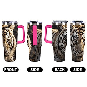 LLUTSNTH 40 Oz Vacuum Tumbler with Light Rose Red Handle Leakproof Insulated Tumbler Animal Tiger Stainless Steel Travel Mug with Lid And Straw Coffee Cup Cute Water Bottles Cup Holder Friendly