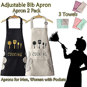 HXYCNNA [2+3 Pack] Kitchen Cooking Aprons, Aprons with Pockets, Aprons for Women, Mens Waterproof Aprons, Adjustable Aprons, Kitchen Apron with Hand Wipe(White/Black)