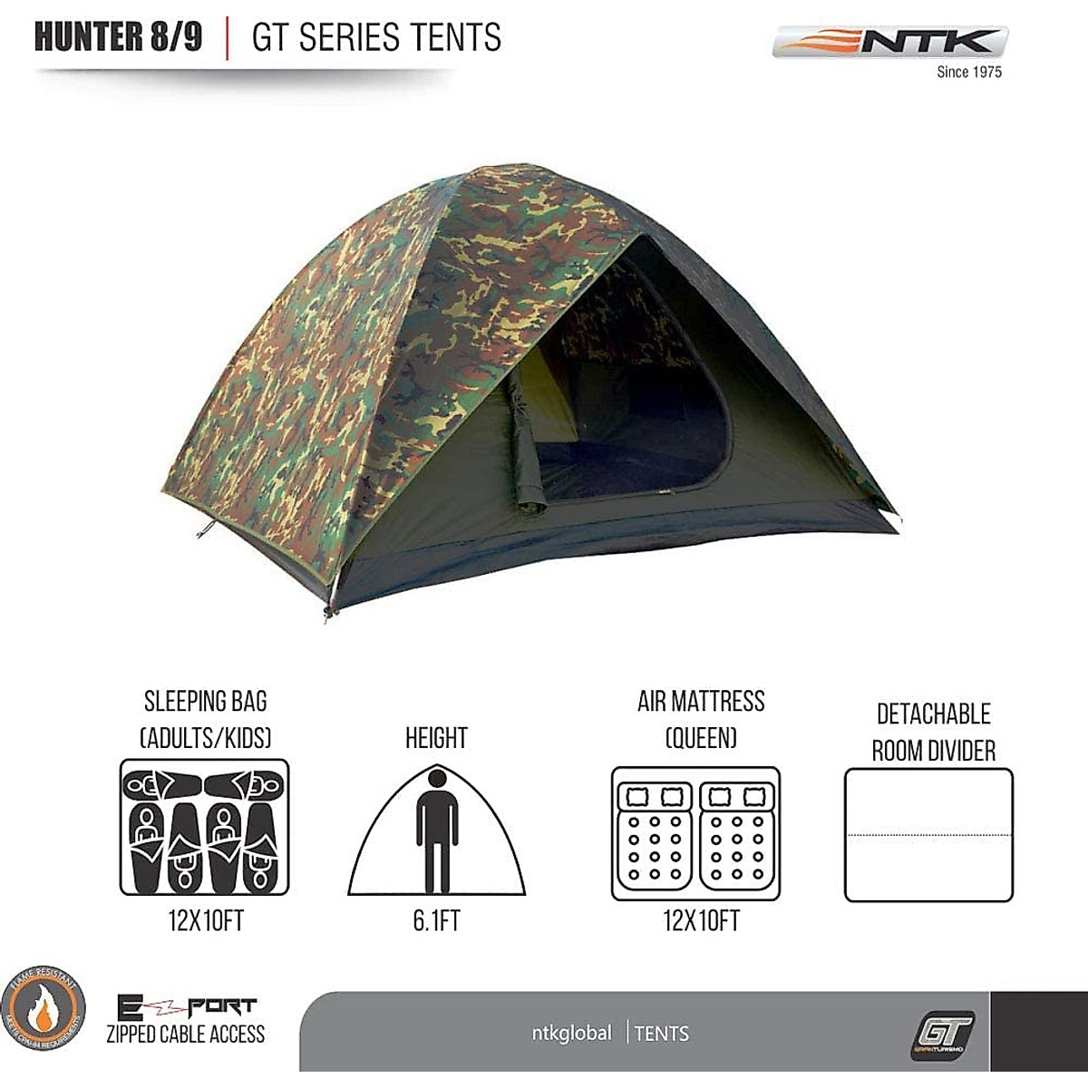 NTK Hunter GT 8 Person Tent | 10x12 Ft Outdoor Dome Woodland Camo Camping Tent | 100% Waterproof 2500mm, Easy Assembly, Durable Fabric Full Coverage Rainfly - Micro Mosquito Mesh