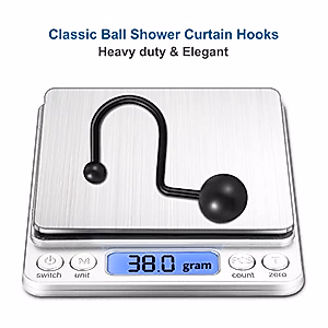 TOPROD Shower Curtain Hooks Rings, Classic Decorative Heavy Duty Shower Ball Hooks Rust Proof, Shower Rings Hangers for Bathroom Shower Curtain Rods Curtains, Free Gliding, Set of 12, Matte Black