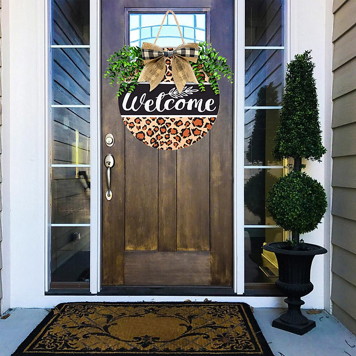 Autumn Decorations Leopard Wreath with Bow Indoor Outdoor - Halloween Leopard Welcome Sign Decorative for Front Door Wall Home Garden Decor