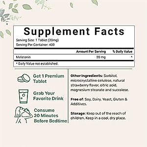 Micro Ingredients Melatonin 20mg Tablets, 400 Counts, Natural Strawberry Flavor, Fast Dissolve | No Drug, Vegetarian Friendly, Non-GMO & No Gluten