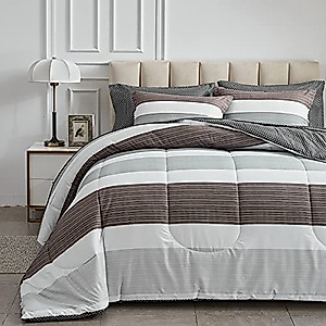 Joyreap 7 Piece Bed in a Bag Full/Queen, Light Gray n Brown Stripes Design, Soft Microfiber Comforter Set for All Season (1 Comforter, 2 Pillow Shams, 1 Flat Sheet, 1 Fitted Sheet, 2 Pillowcases)