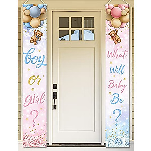 Gender Reveal Decoration-Baby Bear Boy or Girl Porch Sign Banner,Pink Blue Bear Balloon Baby Shower Door Hanging Banner for Boy Girl Gender Reveal Supplies