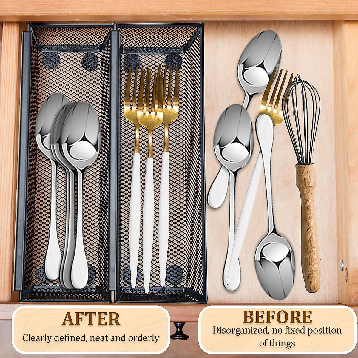 Fodofodo 2PCS Drawer Organizer,Drawer Organizer for Kitchen,Utensil Mesh Drawer Organizer with Interlocking Arm for Cosmetic,Flatware,Pen (9 * 3 * 2 Inches,Black)