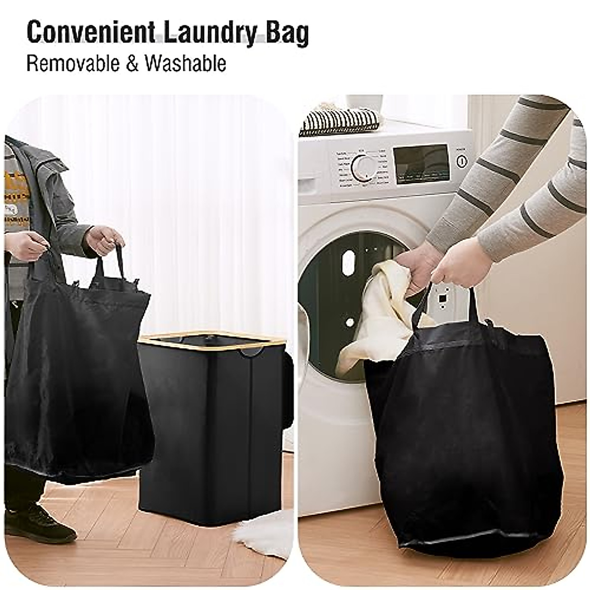 Laundry Hamper with Lid by TECHMILLY, 66L Small Tall Laundry Basket with Bamboo Handles for Clothes and Toys, Collapsible Laundry Basket with Removable Inner Bag for Bedroom and Bathroom, Black