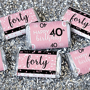 DISTINCTIVS Pink, Black, and White 40th Birthday Party Mini Candy Bar Wrappers - 45 Count, Pink Birthday Decorations for Women