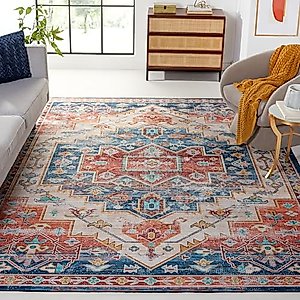 SAFAVIEH Tucson Collection Area Rug - 8' x 10', Blue & Rust, Persian Medallion Design, Non-Shedding Machine Washable & Slip Resistant Ideal for High Traffic Areas in Living Room, Bedroom (TSN116M)