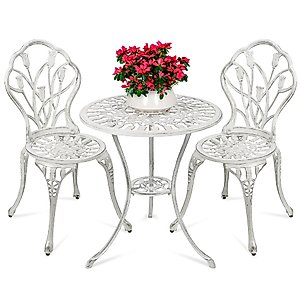 Best Choice Products 3-Piece Outdoor Rust-Resistant Cast Aluminum Patio Bistro Set w/Tulip Design, Antique Finish - White