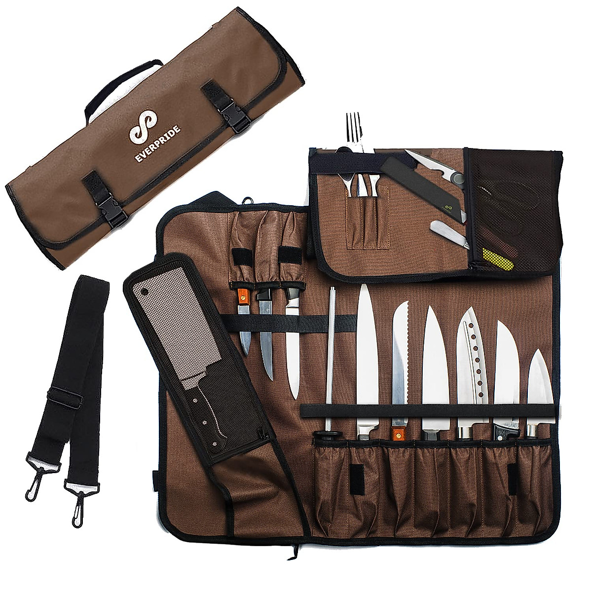 EVERPRIDE Chef Knife Roll Bag Holds 10 Knives – Contains 2 Large Zippered Pockets for Meat Cleavers and Cooking Tools – Durable Knife Carrier Case for Chefs and Culinary Students – Knives Not Included