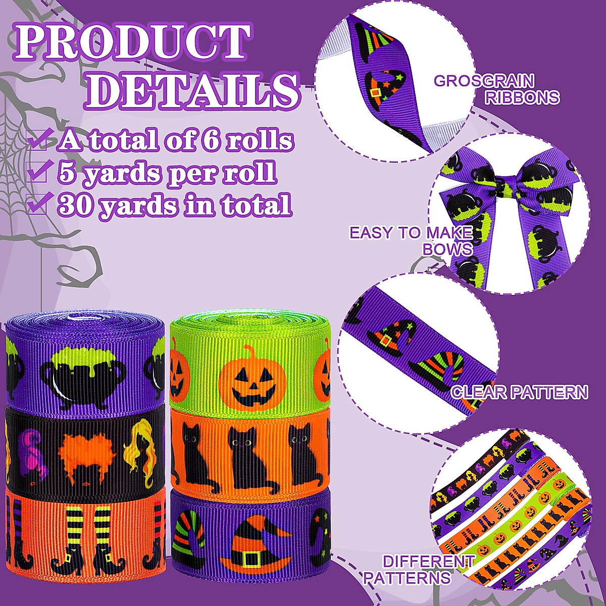 AnyDesign 6 Rolls Halloween Grosgrain Ribbon Hocus Pocus Gift Wrapping Ribbon Witch Legs Hats Pumpkins Magic Pot Black Cat Pattern Ribbon for Crafts Gift Wrapping Halloween Party Decor, 7/8 Inch