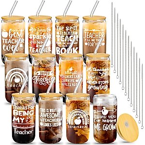 Pinkunn 12 Set Teacher Cup Appreciation Gifts Bulk for Women Glass Cups 16oz Can Shaped Beer Glass with Lids Straws Brushes Teacher Birthday Gifts(Colorful)