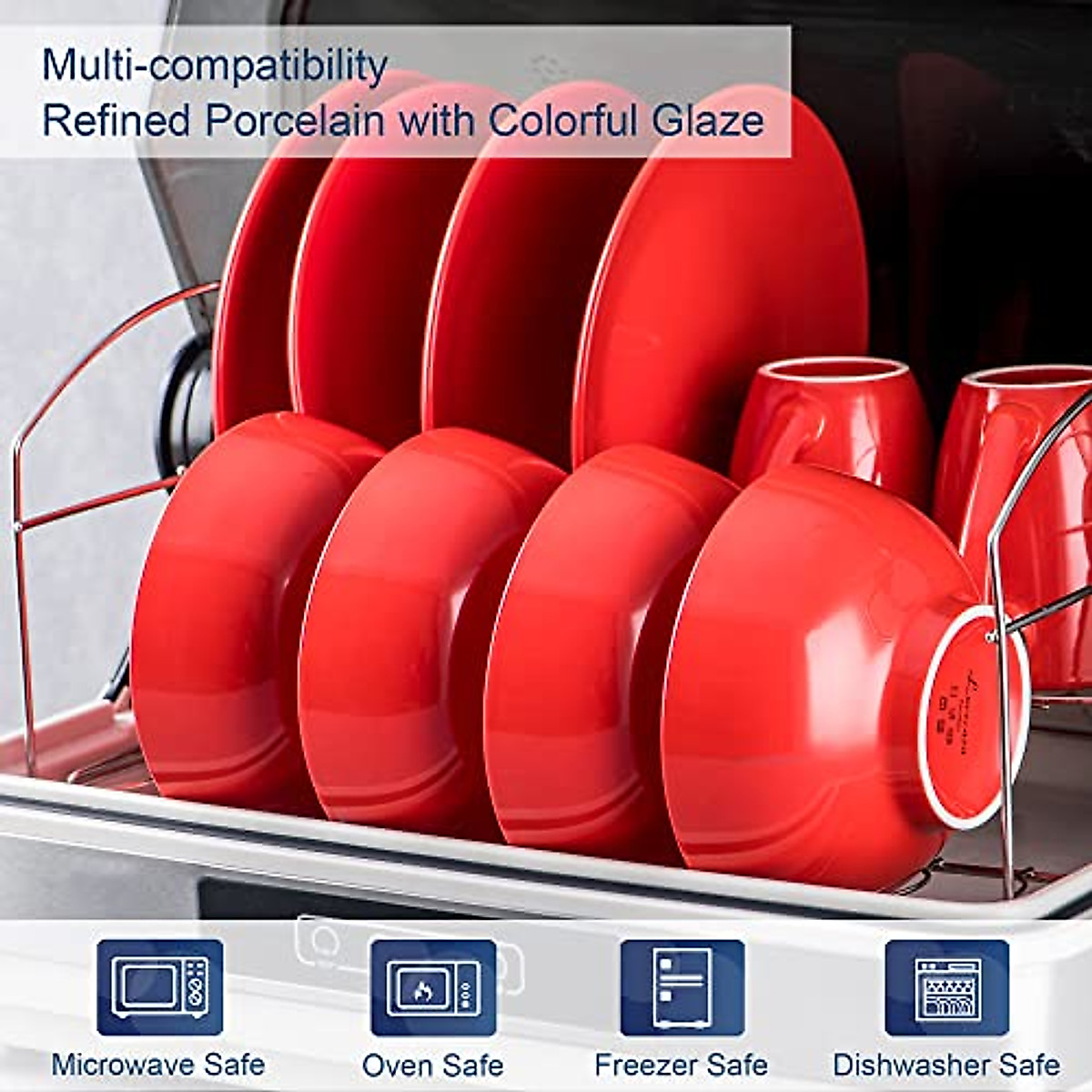 LOVECASA Red Dinnerware Sets for 4, 16 PCS Porcelain Dishes Set, Round Plates and Bowls Sets Including Dinner Plates, Dessert Plates, Bowls and Mugs, Microwave&Dishwasher Safe, Orangered