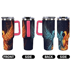 40 Oz Vacuum Tumbler with Light Rose Red Handle Leakproof Insulated Tumbler Fire And Water Phoenix Stainless Steel Travel Mug with Lid And Straw Coffee Cup Cute Water Bottles Cup Holder Friendly