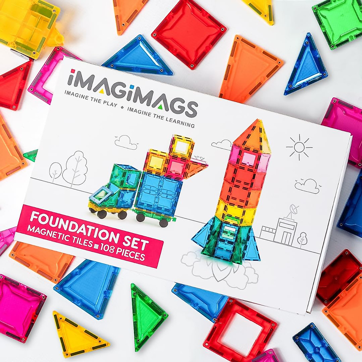 Imagimags Magnetic Building Tiles, 108 Piece Foundation Set for Boys Girls Kids, Educational Creative Learning Activity Building Block Toddler Toys, STEM, Children Ages 3 Years +