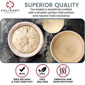 Culinary Couture Proofing Basket Set - Includes 2 Rattan Banneton Baskets & Linen Liners, Metal Scraper, Plastic Scraper, Scoring Lame, Dough Whisk, 5 Blades with Case - Complete Sourdough Starter Kit