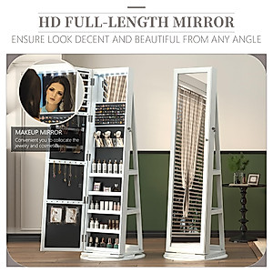 LVSOMT LED Mirror Jewelry Cabinet Standing, 360° Swivel Jewelry Organizers and Storage, Farmhouse Mirror with Jewelry Storage, Lighted Jewelry Armoire with Full Length Mirror (Pure White)
