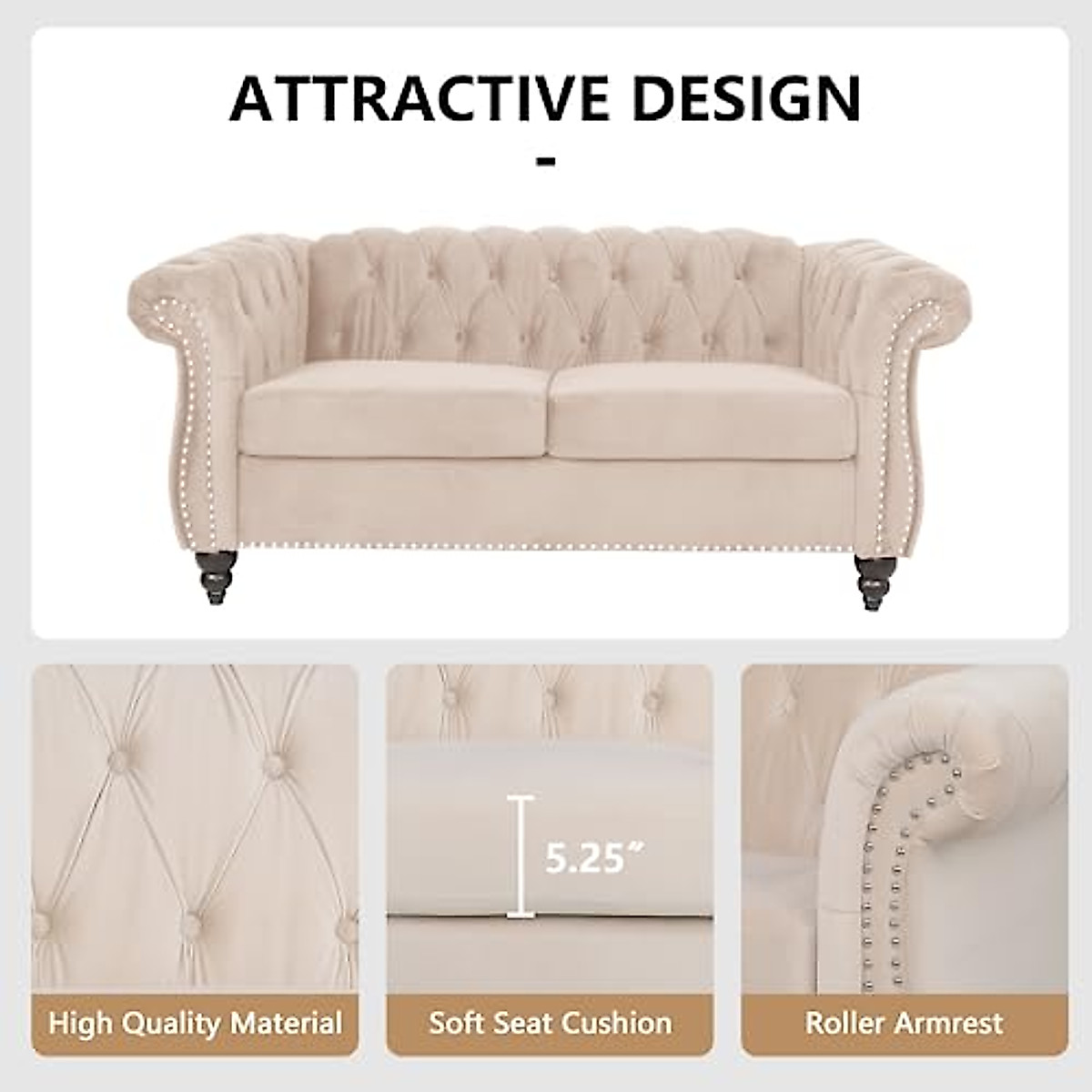 QHITTY Accent Sofa, Chesterfield Loveseat Modern Velvet Couch Upholstered Sofa with Tufted Back for Living Room Furniture (Beige)
