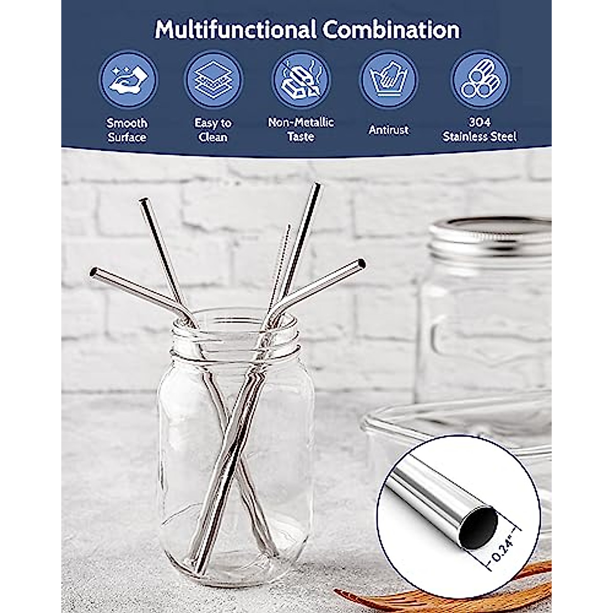 Stanley Straw Replacement 40 oz 30 oz, 6 Pcs Metal Straws Reusable, Reusable Straws Dishwasher Safe with Straw Cleaner(Silver 12 inches)