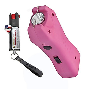 Pocket Stun Gun Flashlight Pepper Spray Kit. Includes Mini Stun Gun Flashlight & .5 oz Keychain OC CS Self Defense Spray. Powerful Weapons Compact Mini Stun Gun for Women or Men. (Pink)