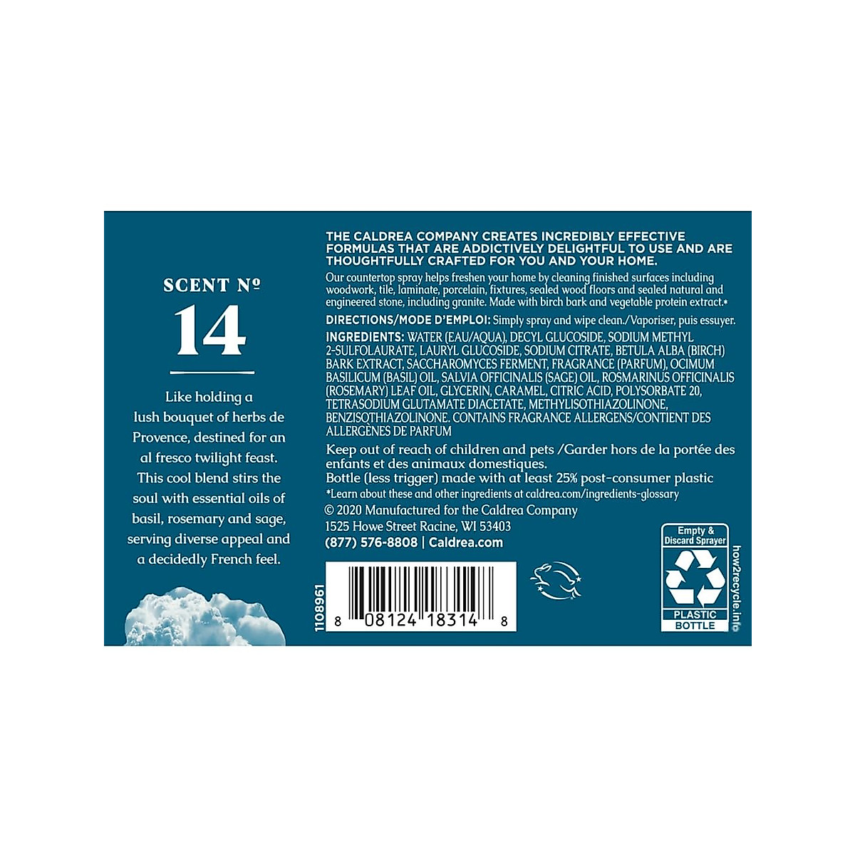 Caldrea Multi-surface CounterTop Spray Cleaner, Made With Vegetable Protein Extract, Basil Blue Sage, 16 Fl Oz