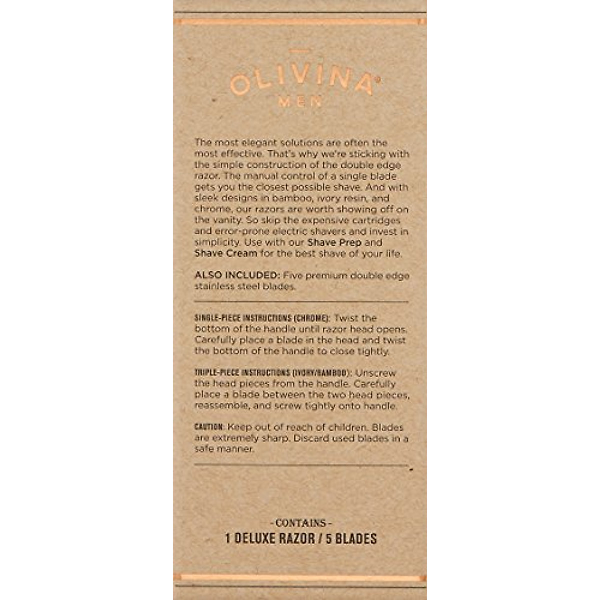 Olivina Men Safety Razor + 5 Stainless Steel Blades, Chrome Handle, 6-Piece Set