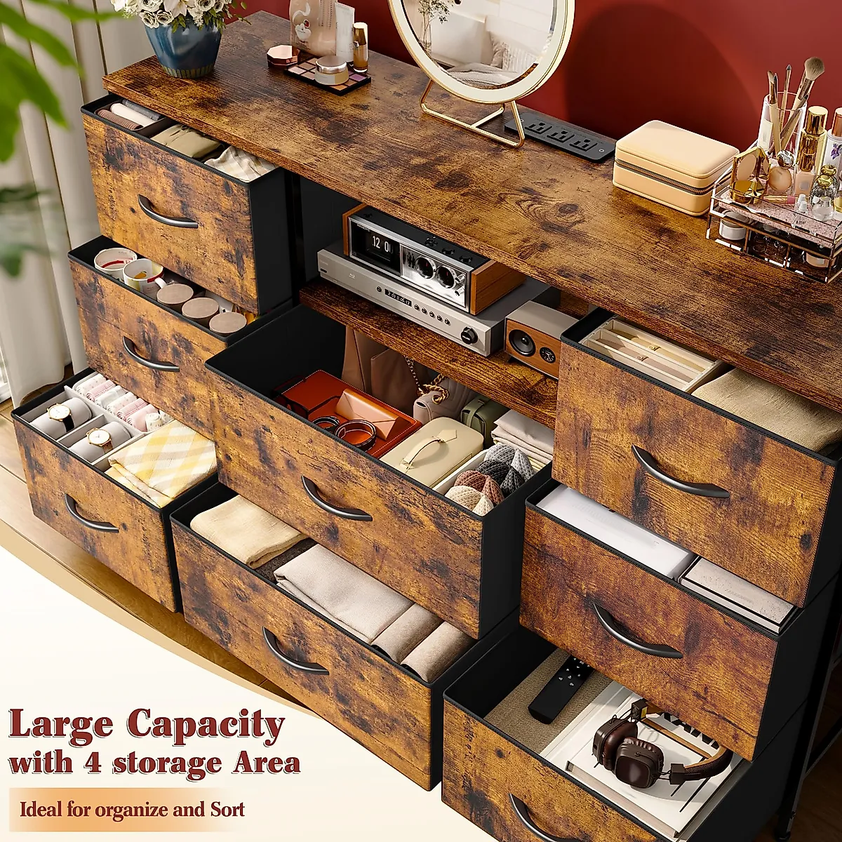 Dresser for Bedroom with Power Outlets, 55" TV Stand Dresser with 8 Drawers, Fabric Dressers & Chest of Drawers for Living Room, Entryway, Rustic Brown