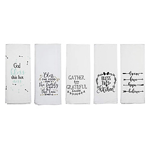 fillURbasket Cute Kitchen Towels Set, Fun Dish Towels with Sayings Faith, Blessed, Family, Love, Home & Dreams Theme, 5 Flour Sack Towels for Dish Drying Decor 16x28 Cotton