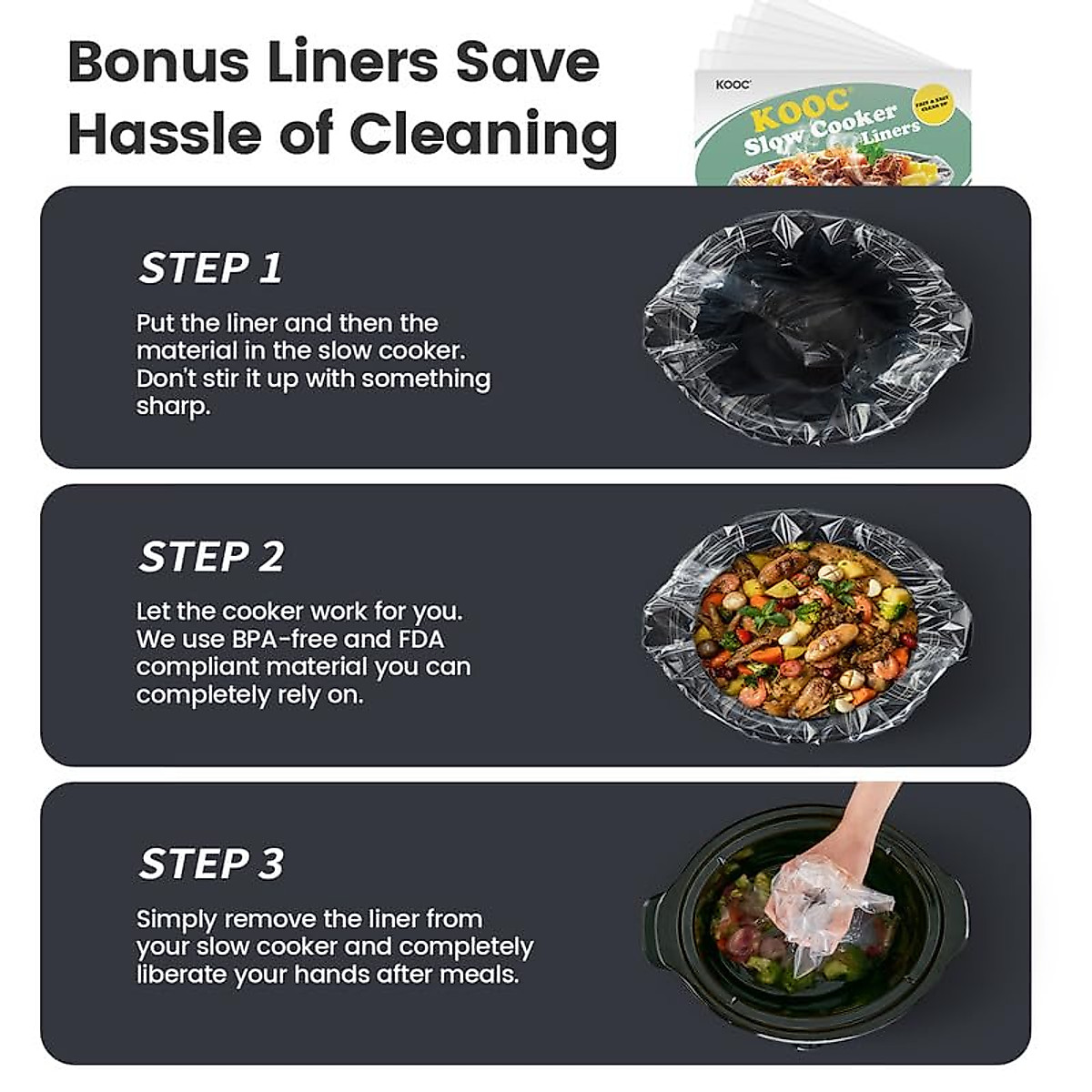 KOOC 4 Quart Slow Cooker, Free Liners Included for Easy Clean-up, 3 Temperature Settings, Dishwasher Safe Crock, Stainless Steel, GREY, Ellipse