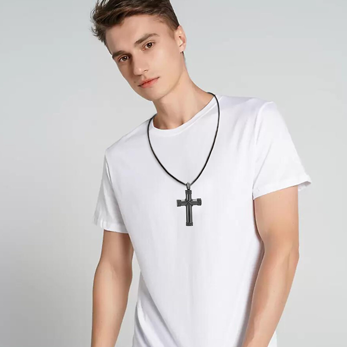 Rope Winding Cross Cremation Ashes Urn Pendant Necklace Memorial Keepsake Jewelry Lord’s Prayer Cross Ashes Necklaces (Black)