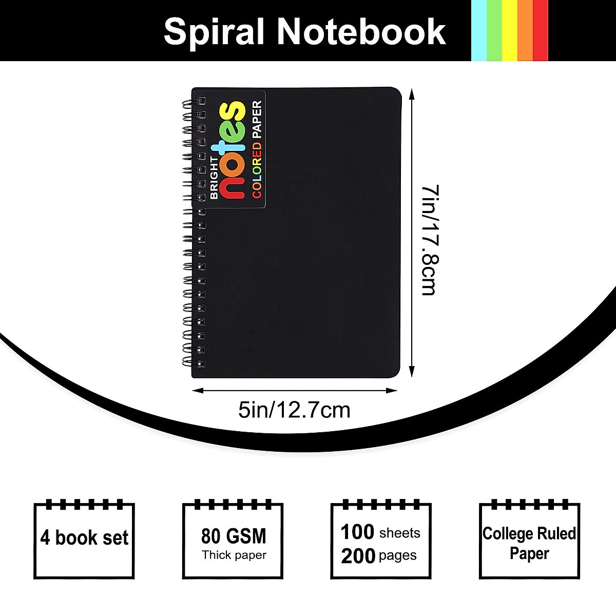 EOOUT 4 Pack Spiral Notebook 5 x 7 Inches College Ruled Note Journals, Poly Cover 7 Bright Neon Colored Lined Paper Memo Pads 100 Sheets/200 Pages for School