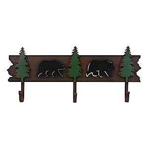 Ebros Western Rustic 2 Roaming Black Bear Silhouettes And 3 Green Pine Trees 3-Peg Cast Iron Wall Hooks 20.25"Wide Hanger 3D Abstract Art Forest Bears Coat Hat Keys Hook Decor Hanging Sculpture Plaque