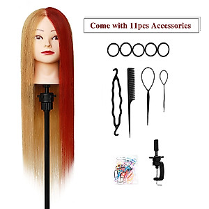 LNASI Mannequin Head 24-26 inch 100% human hair Styling Training Head Cosmetology Manikin Head Doll Head for Hairdresser with Free Clamp strawberry blonde