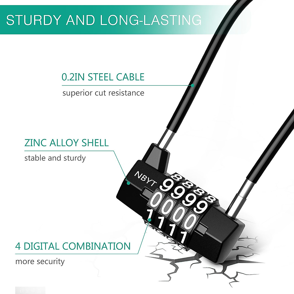 ORIA Cable Locks with Combination, 4 Digit Combination Padlock, Long Shackle Lock, Flexible Steel Cable Rope, Cabinet Lock, School Locker, Black