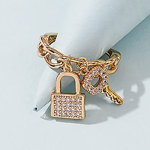 GANGYUN Open Zircon Crystal Lock Key Padlock Cuff Finger Rings for Women Adjustable Punk Infinty Chain Rings Jewelry (Gold)